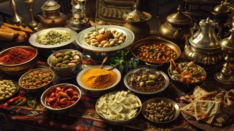 A Mouthwatering Display Of Middle Eastern Cuisine Stock Illustration Illustration Of Condiment