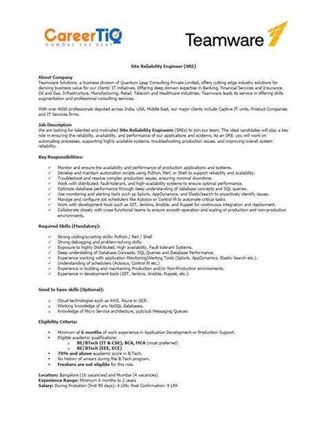 Teamware Site Reliablity Engineer Job Description Pdf Databases