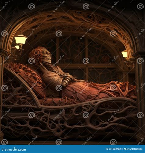 A Skeleton Is Sitting In A Bed Made Out Of Wood Stock Illustration