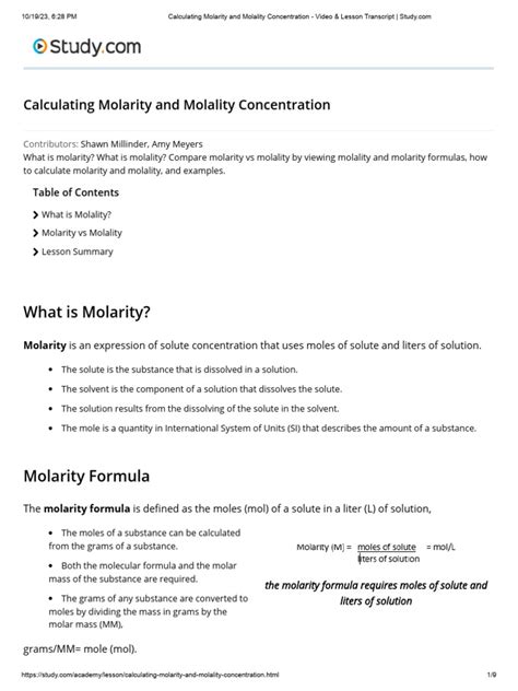 Calculating Molarity And Molality Concentration Video And Lesson Transcript Pdf Mole Unit