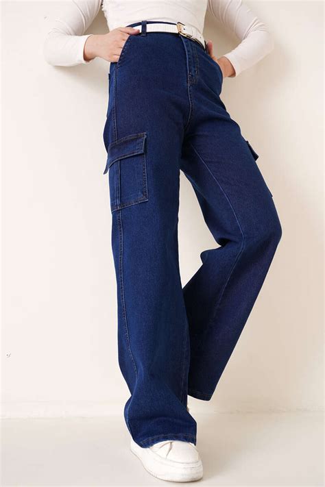 Kargo Cepli Bol Paça Jean Pantolon Koyu Mavi