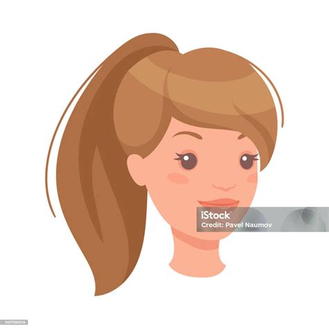 행복한 얼굴 표정과 감정을 보여주는 포니테일을 가진 여자 머리 웃는 반쯤 돌린 벡터 그림 감정에 대한 스톡 벡터 아트 및 기타