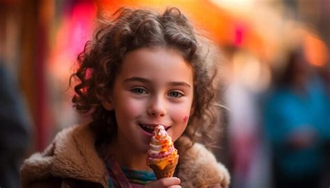 Premium Ai Image Smiling Preschool Girl Holding Ice Cream Cone