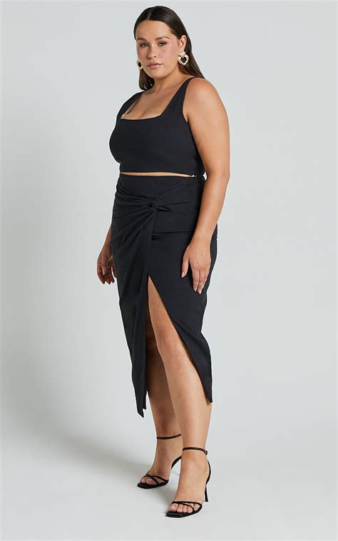 Gibson Two Piece Set Linen Look Crop Top And Knot Front Midi Skirt