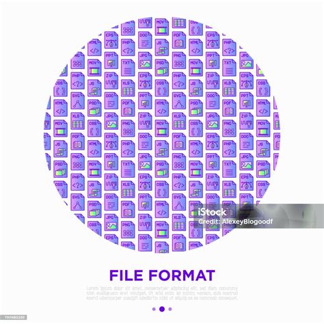 파일 형식 개념은 얇은 선 아이콘과 함께 동그라미에 있습니다 doc pdf html mov eps 우편 번호 css js 현대