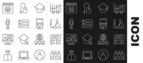 세트 온라인 클래스 퀴즈 테스트 설문 조사 랩톱에서 일하는 학생 전 세계 졸업 한도 작업 목록 마이크 브라우저 창 및 랩톱 아이콘을 설정합니다 벡터 라인아트에 대한 스톡