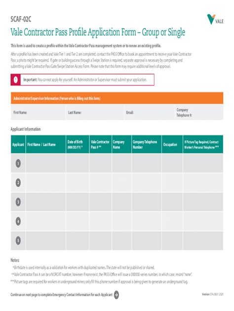Fillable Online Vale Contractor Pass Profile Application Form Fax Email