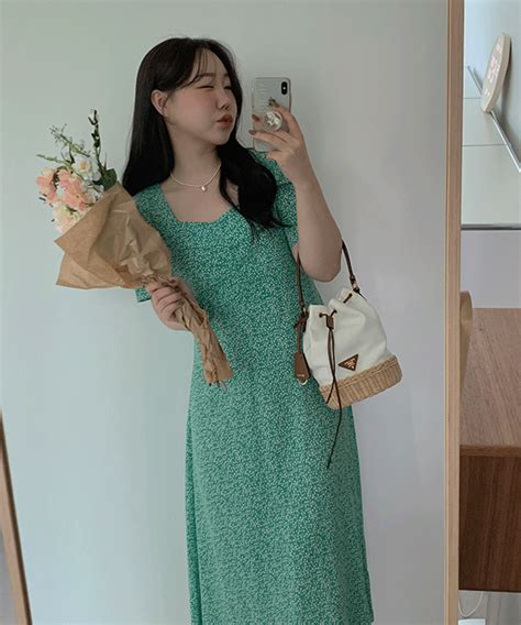 10637 [3사이즈] 로맨틱 플라워 하트넥 셔링 플레어 반팔 롱 원피스 그린 블랙 2color