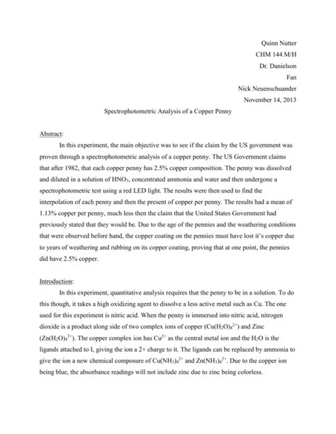 Copper Penny Spectrophotometry Lab Report