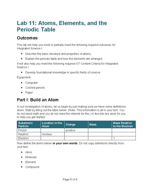 Lab 11 Revised 04 2024 Lab Lab 11 Atoms Elements And The Periodic Table Outcomes This Lab