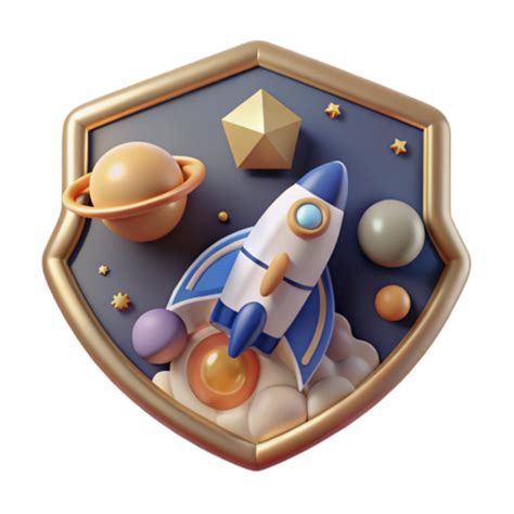 Render Of A Cute Rocket Launching In Space Shield Badge Design