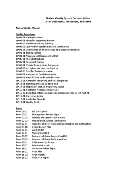 Nqa 1 List Of Documents Pdf