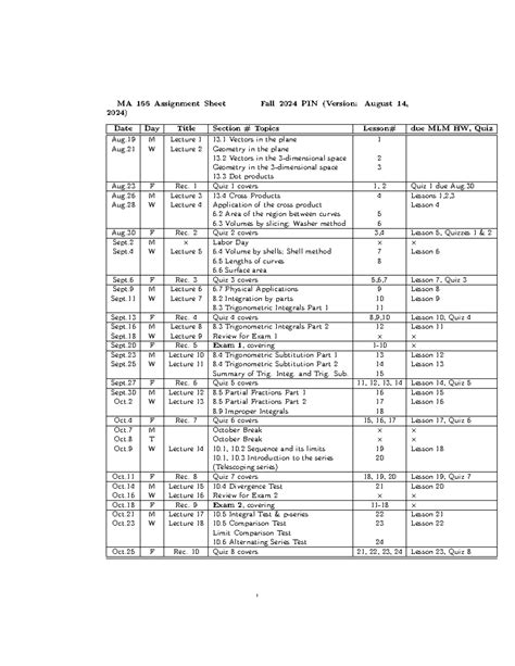 Assignment Sheet Fall 2024ma 1 Quiz 1 Covers 1 2 Quiz 1 Due Aug Aug M Lecture 3 13 Cross