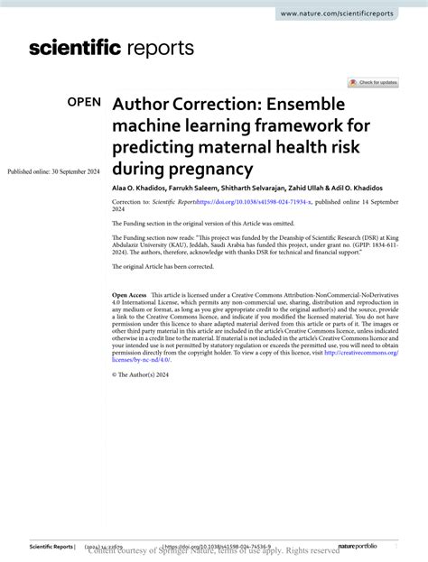 Pdf Author Correction Ensemble Machine Learning Framework For Predicting Maternal Health Risk