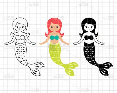 给孩子们的小美人鱼。童话女孩的设计。水下生活。剪影和轮廓矢量平面插图。减少文件。适合切割软件。cri