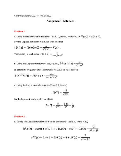 Assignment 1 Solutions Control Systems Mec709 Winter 2022 Assignment