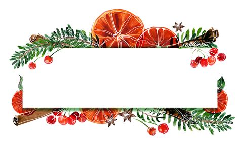 Christmas Text Space Frame With Watercolor Fir Tree And Oranges