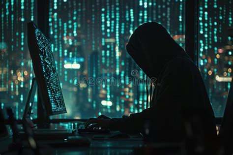 A Lone Hacker Dressed In A Hoodie Focuses On A Large Screen Filled With Cascading Code