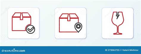 Set Line Fragile Broken Glass Package Box With Check Mark And Location