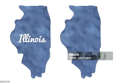 일리노이 주 지도의 수채화 그림 세트는 예술적인 붓놀림이 있는 파란색의 실루엣입니다 시카고 일리노이에 대한 스톡 벡터 아트 및