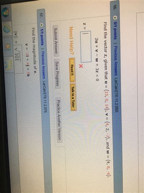 Solved Find The Vector Z Given That U 15 0 14 V