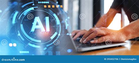 Man Hands Typing in Laptop, AI Hologram and Machine Learning Stock ...