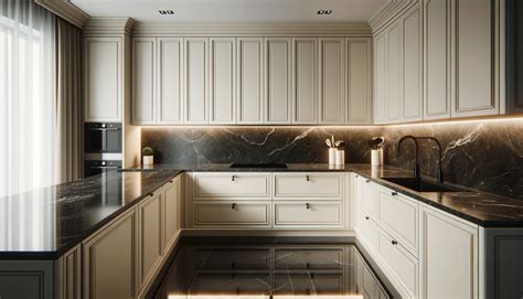 Elegant Kitchen Cabinet Ideas With Black Granite Countertops For Modern