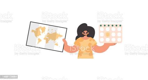 활기찬 여성은 달력과 세계 조직을 손에 쥐고 있습니다 백인 설립에 강요당했습니다 트렌디한 스타일 벡터 일러스트레이션 Health
