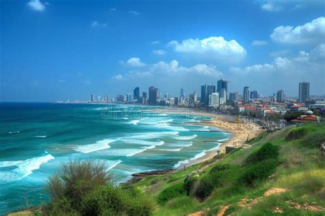A View Of A Beach With A City In The Background Tel Aviv Cityscape