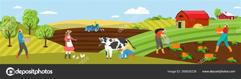 농장에서 일하는 농부 농장에서 일하는 만화 상의 평평 한 사람 시골에서 일하는 사람 젖소 닭이나 채소를 기르는 사람 스톡