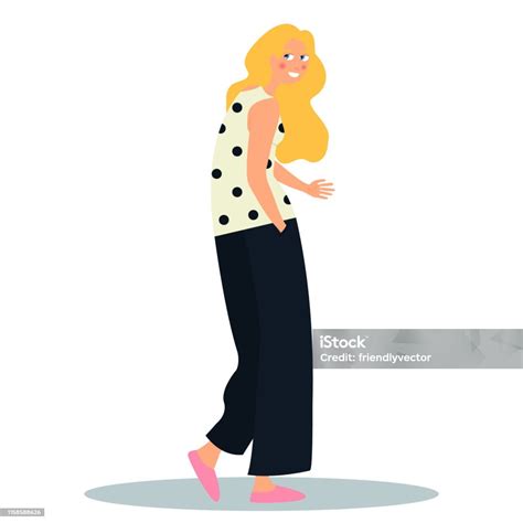 편안한 자세로 서 넓은 바지에 여자 만화 스타일의 흰색 배경에 벡터 일러스트레이션 T 셔츠에 대한 스톡 벡터 아트 및 기타
