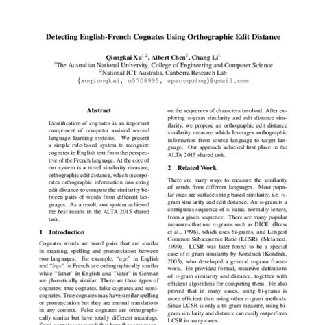 Detecting English French Cognates Using Orthographic Edit Distance Acl Anthology