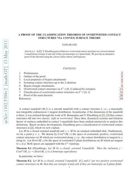 Pdf Yang Huang A Proof Of The Classification Theorem Of Overtwisted Contact Structures Via