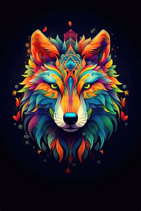 Colorful Wolf Mandala Art On Black Background Stock Illustration