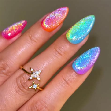 Colorful Holo Magnetic Fake Nail Rainbow Ombre Cat Eye Press On Nails