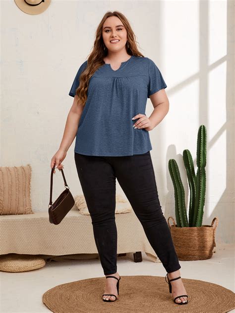 Emery Rose Plus Solid Notched Neck Tee Shein Usa
