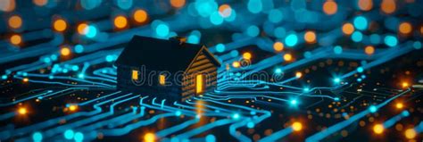 A Miniature Home Nestled In A Network Of Glowing Blue Circuits Stock Image Image Of Device