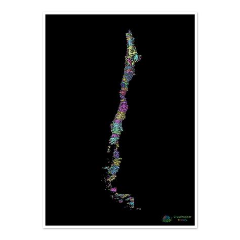 Chile River Basin Map Pastel On Black Fine Art Print Grasshopper