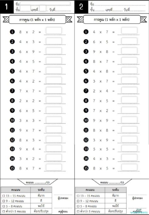 สูตรคูณชุดที่ 1 ใบงานเชิงโต้ตอบ Topworksheets