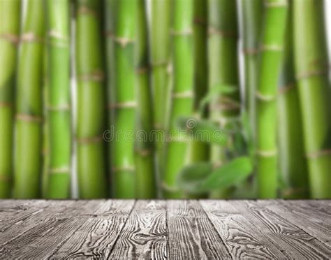 Empty Wooden Surface Against Blurred Green Bamboo Stems Space For