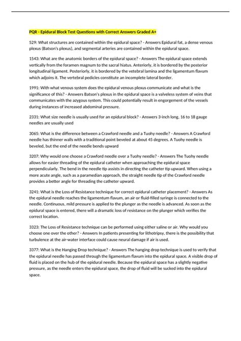 Pqr Epidural Block Test Questions With Correct Answers Graded A