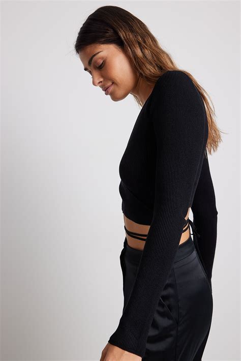 Ribbed Knitted Wrap Sweater Black Na Kd