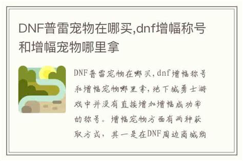 Dnf普雷宠物在哪买dnf增幅称号和增幅宠物哪里拿 兔宝宝游戏网
