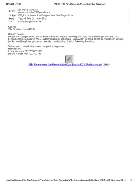 2024 02 02 Itb Ftsl 234 Permohonan Izin Pengambilan Data Stasiun Kcic Padalarang Pdf