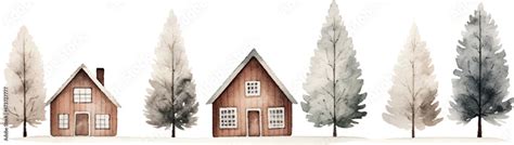 Watercolor Isolated Clipart Houses In The Winter Forest Stock Vector