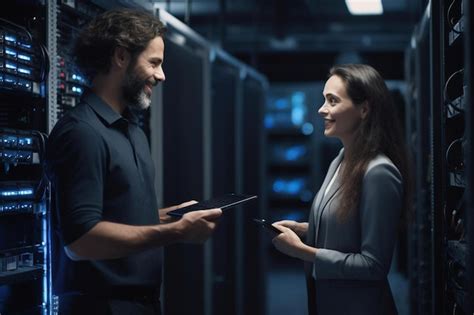 Premium Photo A Man And Woman Are Talking In A Computer Lab