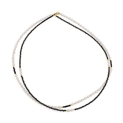 Колие с бели перли 3мм и черен шпинел 2мм Yuno Pearls