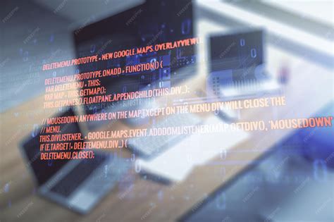 Premium Photo Multi Exposure Of Abstract Programming Language Hologram And Modern Desk With