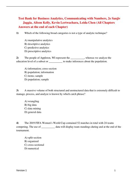 Test Bank For Business Analytics Communicating With Numbers 2nd