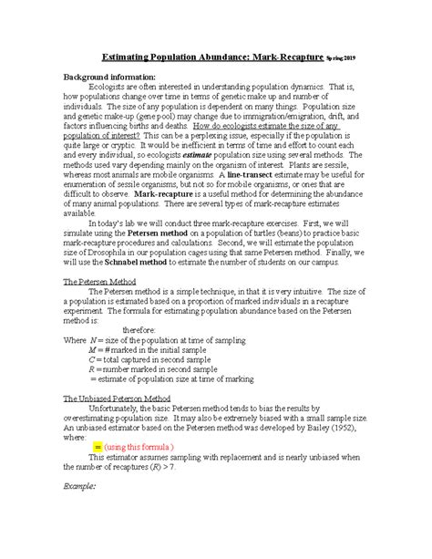 Answers Mark Recapture Worksheet Estimating Population Abundance